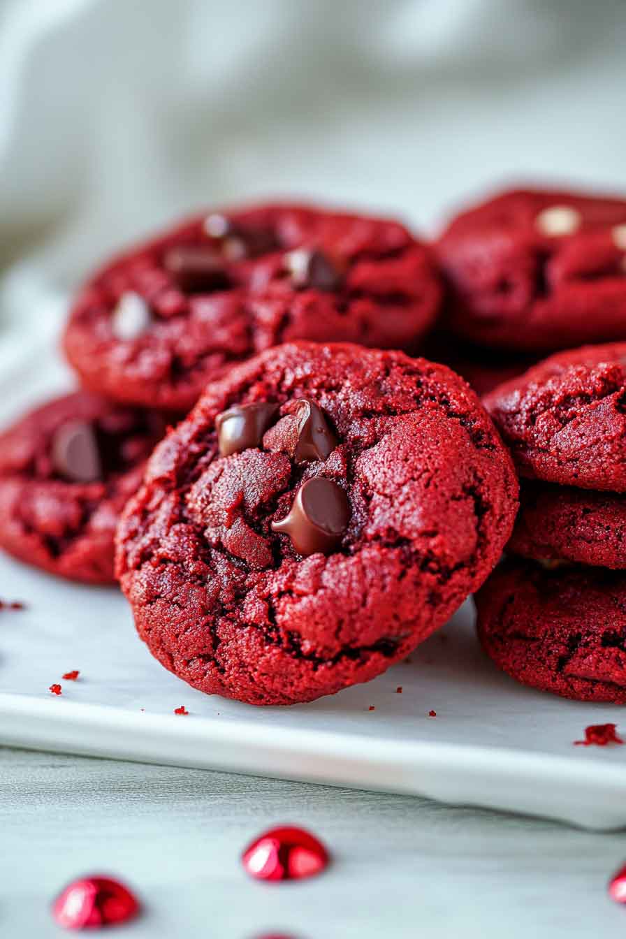 Red Velvet Gooey Butter Chocolate Chip Cookies - Dessert Hungry
