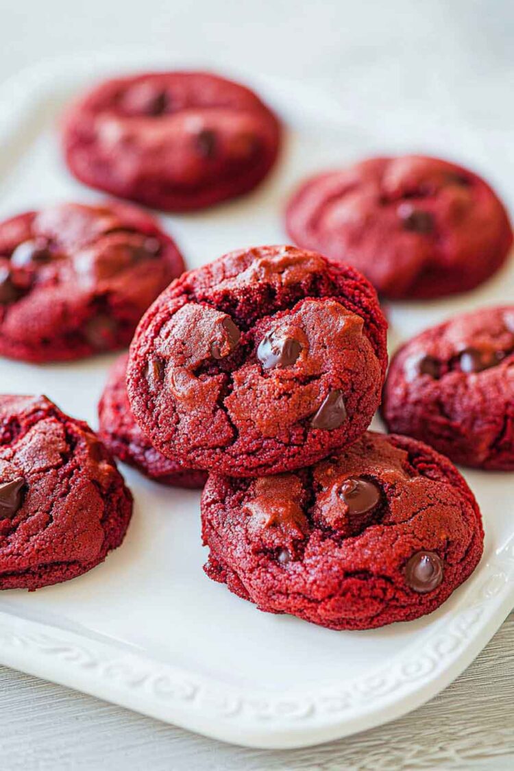 Red Velvet Gooey Butter Chocolate Chip Cookies - Dessert Hungry
