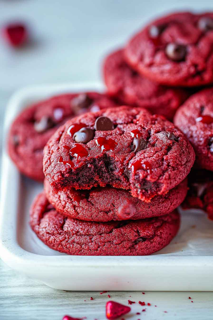 Red Velvet Gooey Butter Chocolate Chip Cookies - Dessert Hungry