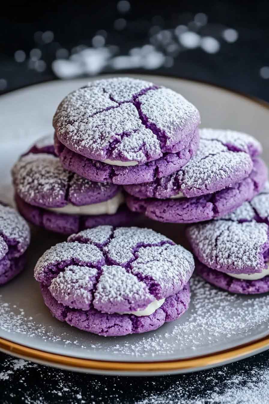 Ube Crinkle Sandwich Cookies with Creamy Coconut Filling - Dessert Hungry
