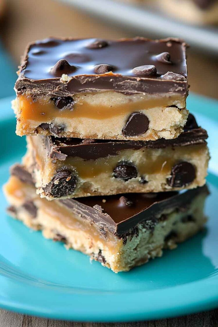 Chocolate Chip Cookie Dough Billionaire Bars - Dessert Hungry