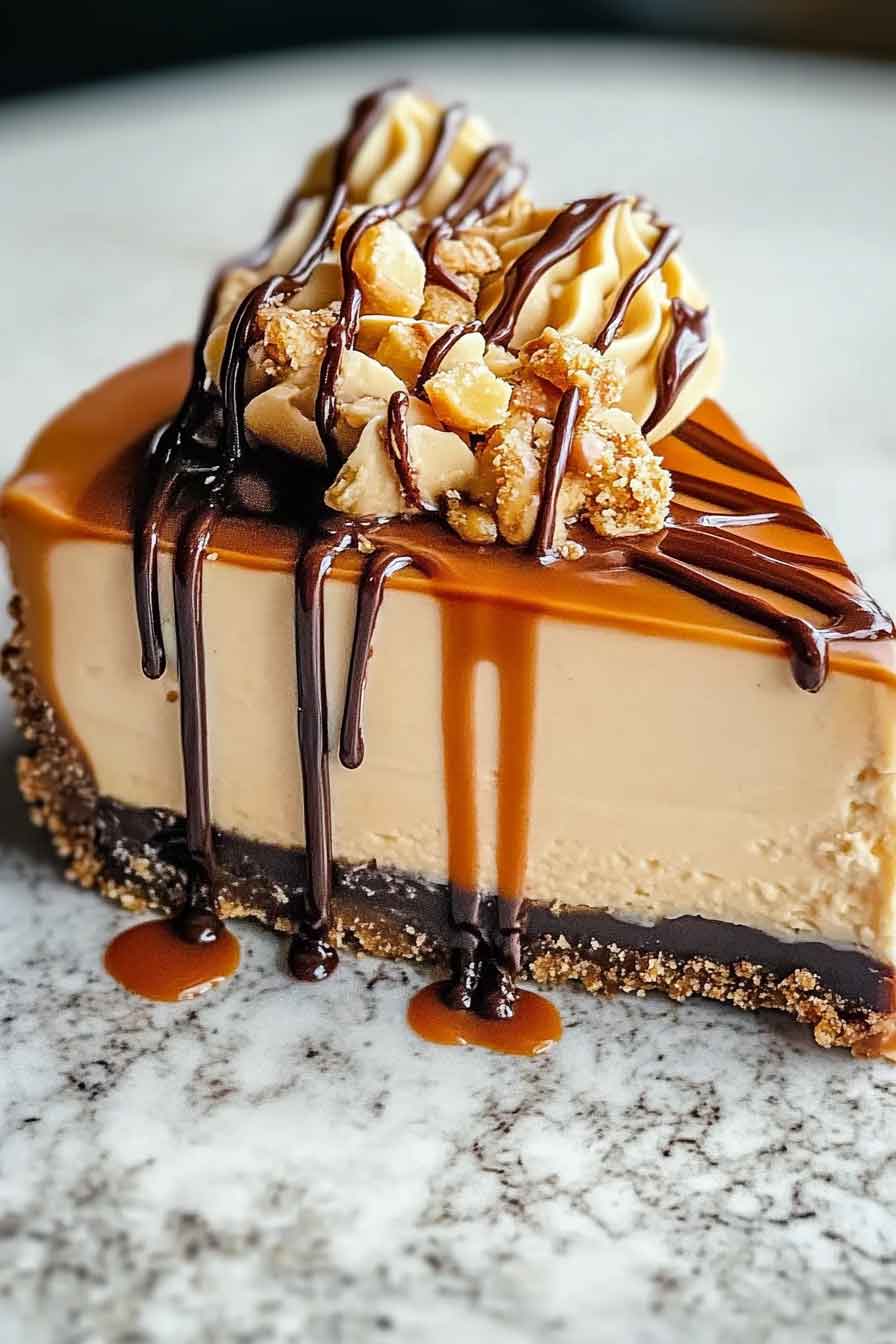 Peanut Butter Cheesecake with Caramel Drizzle - Dessert Hungry