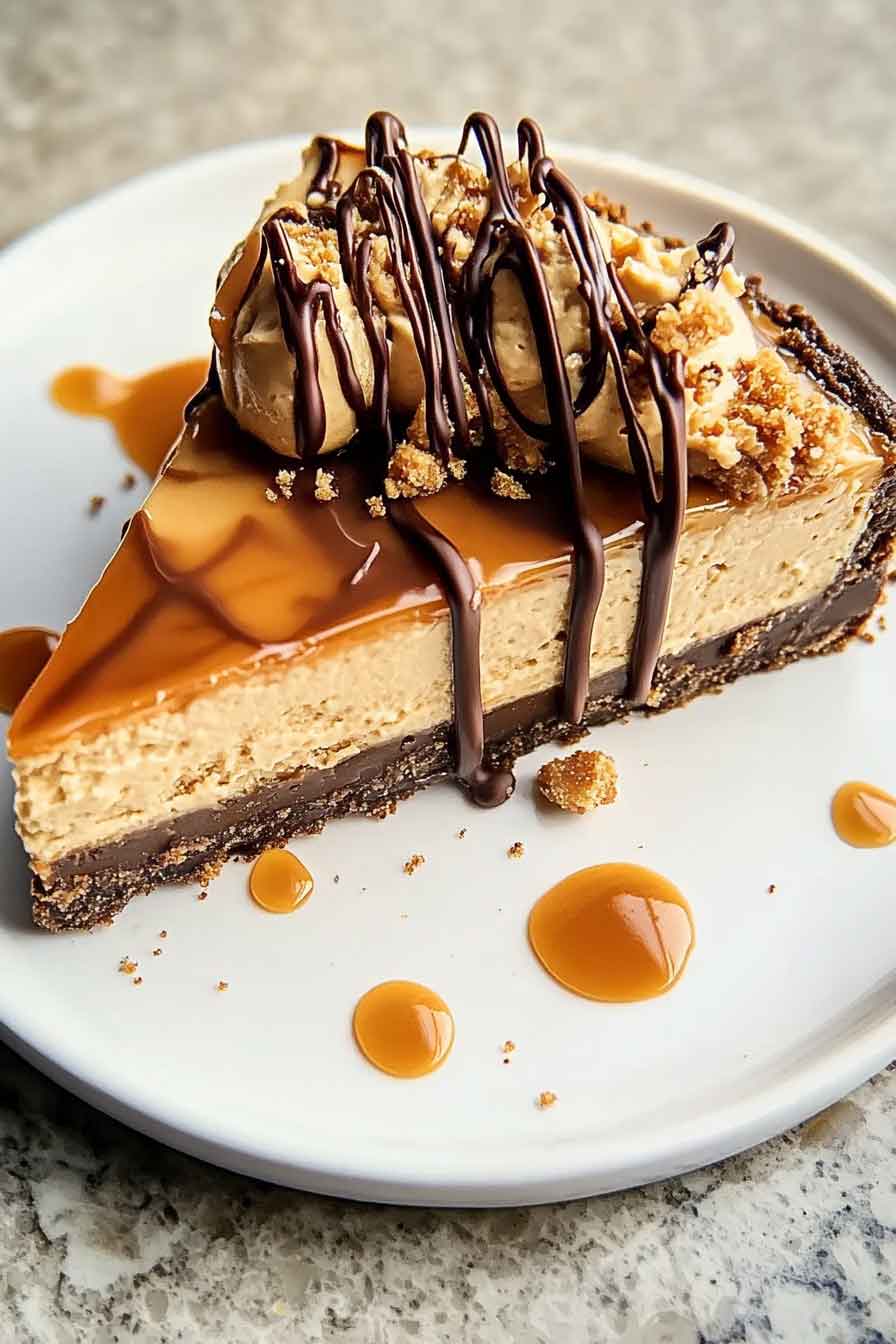 Peanut Butter Cheesecake with Caramel Drizzle - Dessert Hungry