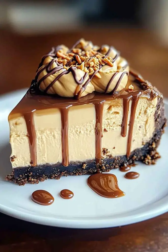 Peanut Butter Cheesecake with Caramel Drizzle - Dessert Hungry