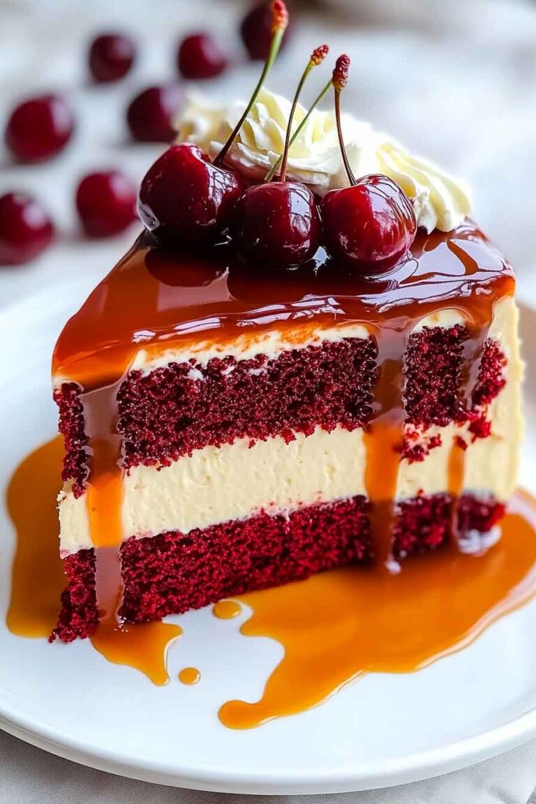 Red Velvet Cheesecake Cake with Caramel Drizzle - Dessert Hungry
