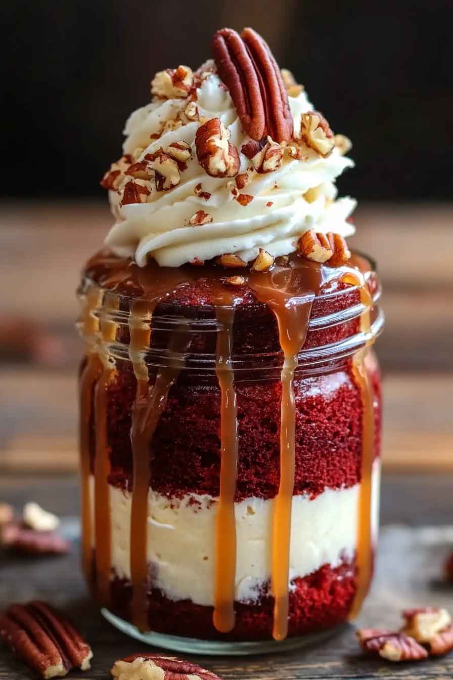 Mini Red Velvet Caramel Pecan Cake Jars - Dessert Hungry