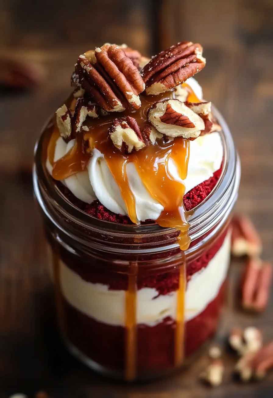Mini Red Velvet Caramel Pecan Cake Jars - Dessert Hungry