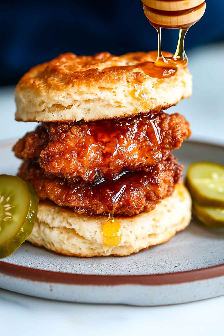 Hot Honey Chicken Biscuits - Dessert Hungry