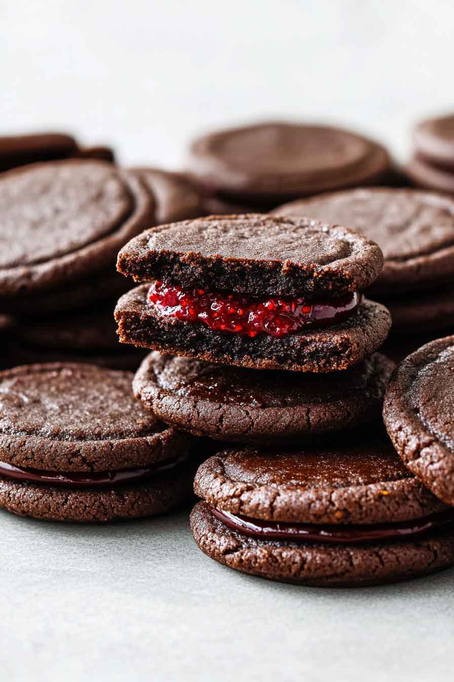 Chocolate Raspberry Sandwich Cookies - Dessert Hungry